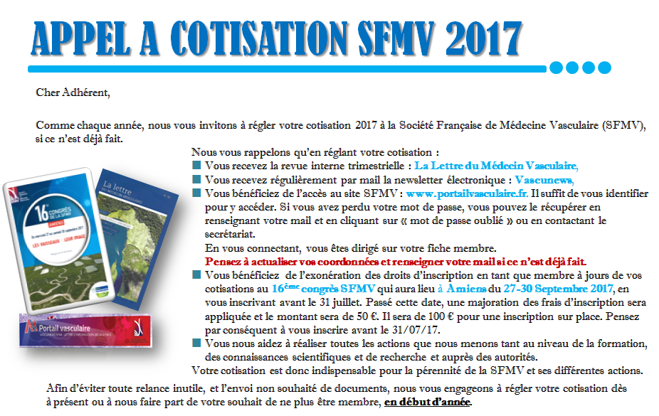 APPEL A COTISATION SFMV 2017 | Portail Vasculaire de la SFMV